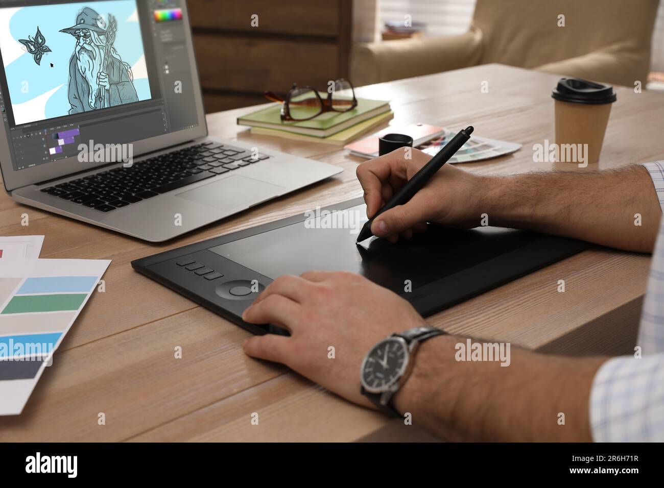 Animator working with graphic tablet and laptop, closeup. Illustration ...