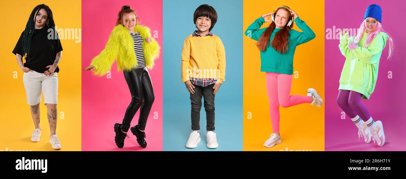 Collage with photos of people wearing trendy clothes on different color ...