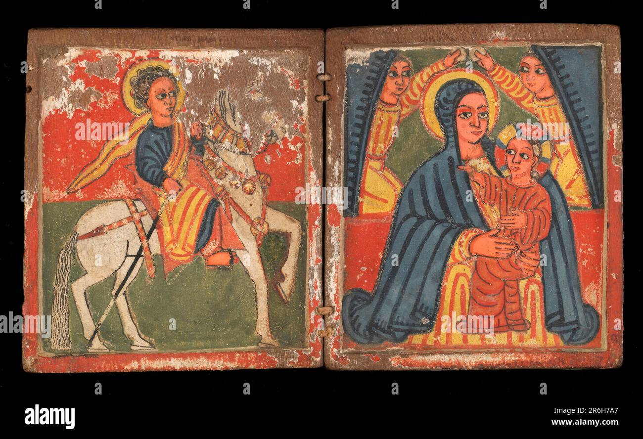 Two panel painting, distemper on gesso on wood. The left panel depicts a saint on a white horse ...