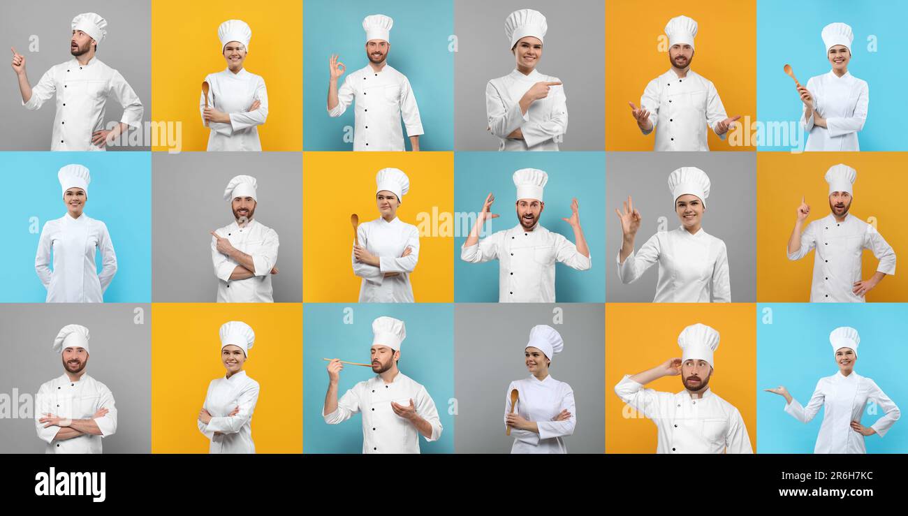 Chefs in uniforms on different color backgrounds, collage design Stock ...