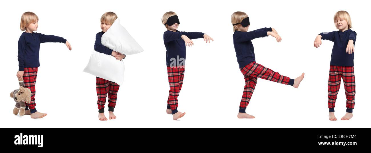 Collage with photos of boy sleepwalking on white background Stock Photo ...