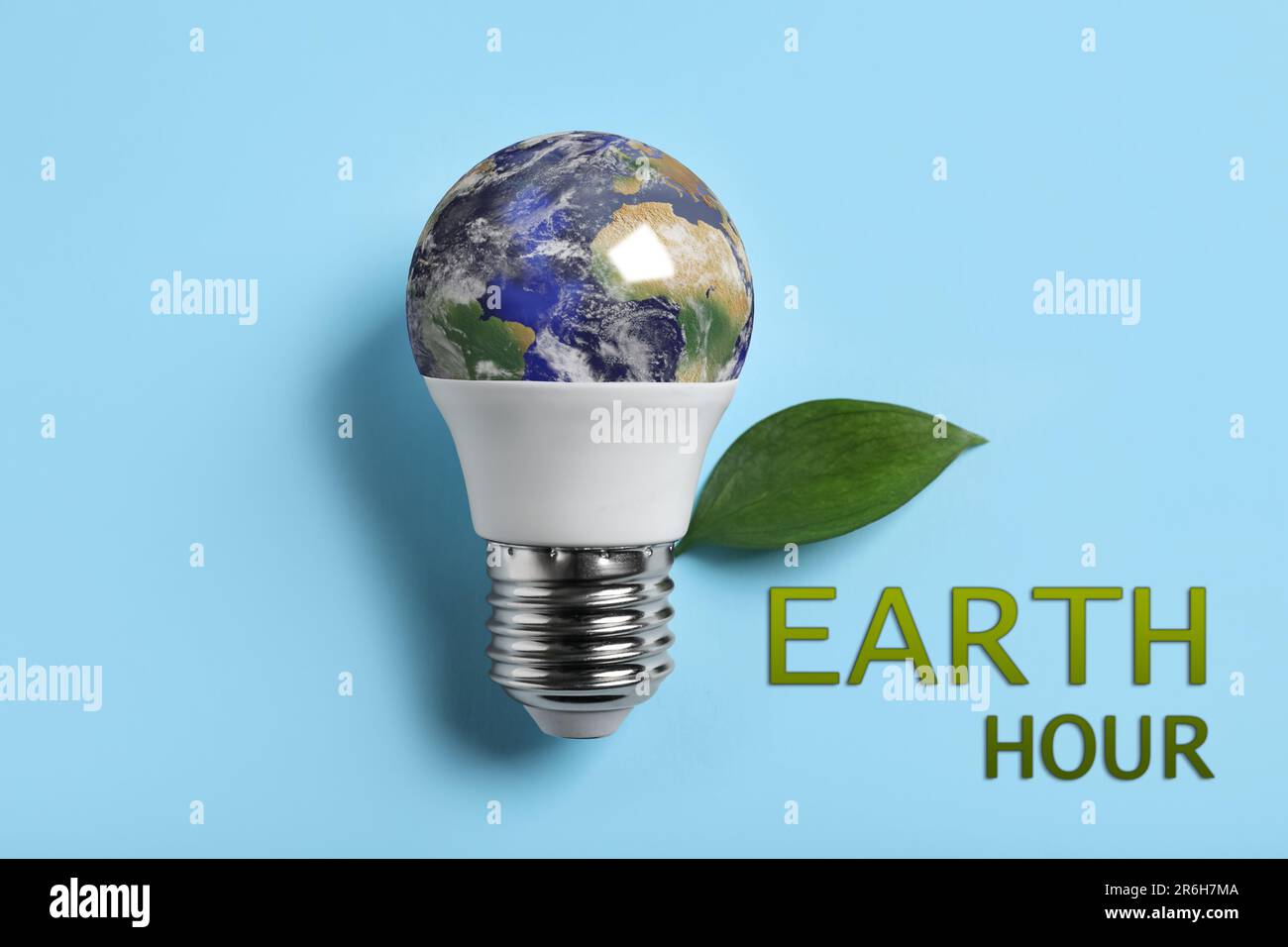 Take care of environment. Light bulb with globe, green leaf and words ...