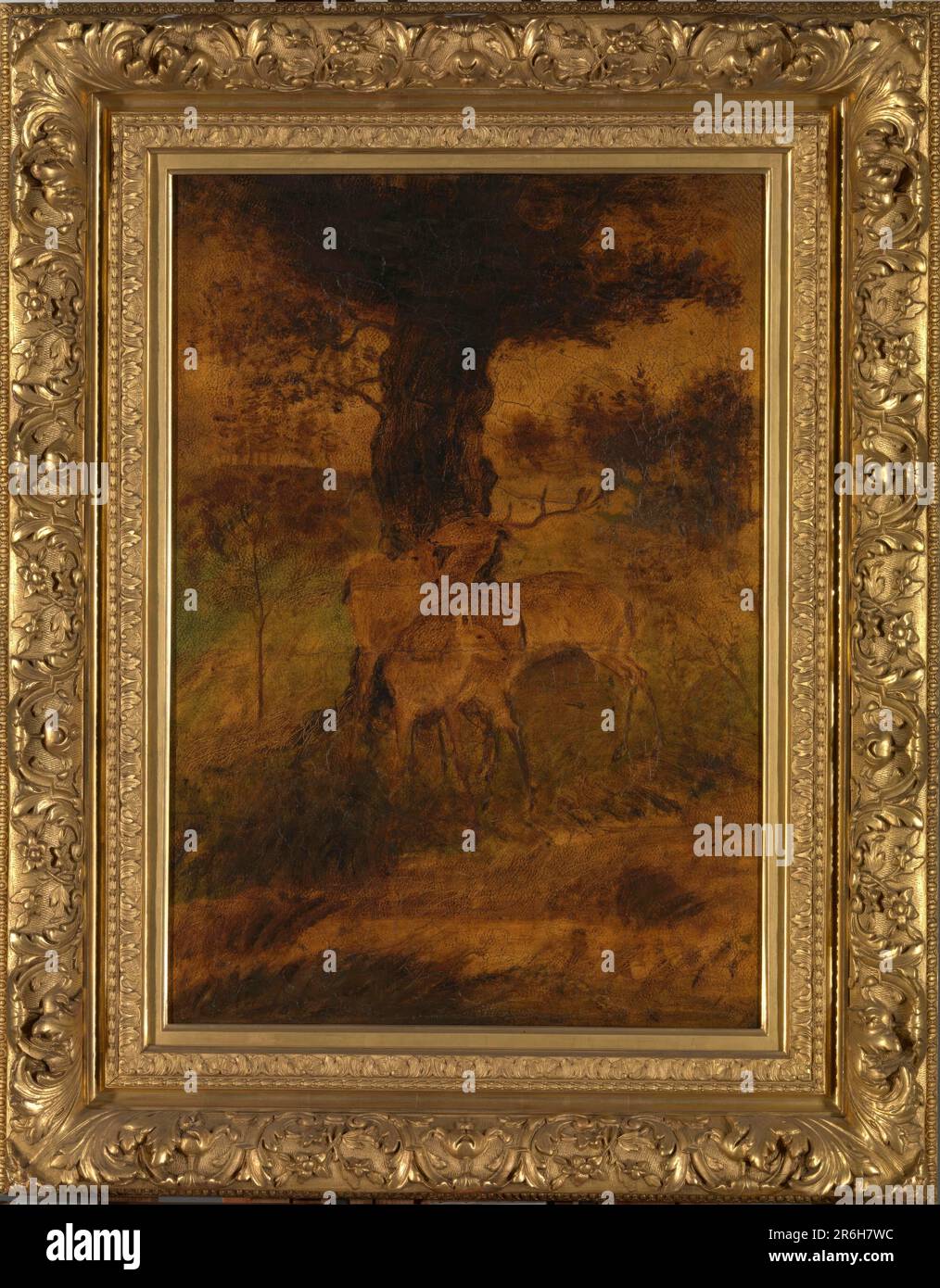 A Stag and Two Does. Date: ca. 1870s. oil on gilded leather on canvas ...