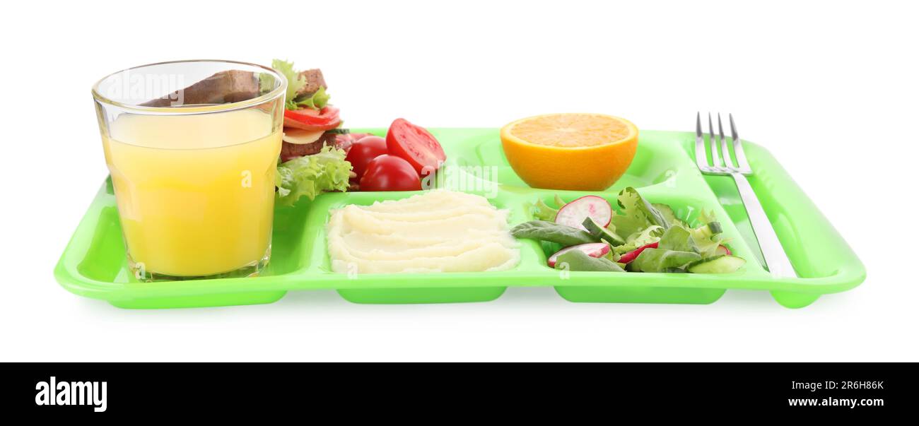 Serving tray of healthy food isolated on white. School lunch Stock Photo - Alamy