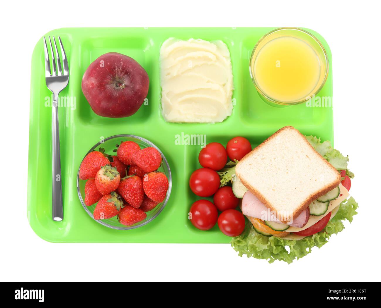 Serving tray of healthy food isolated on white, top view. School lunch Stock Photo - Alamy