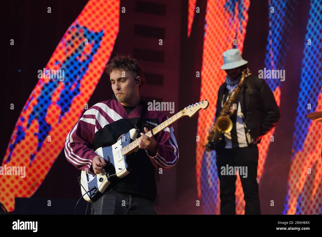 Sam Fender performs on stage at St James' Park in Newcastle Upon Tyne ...