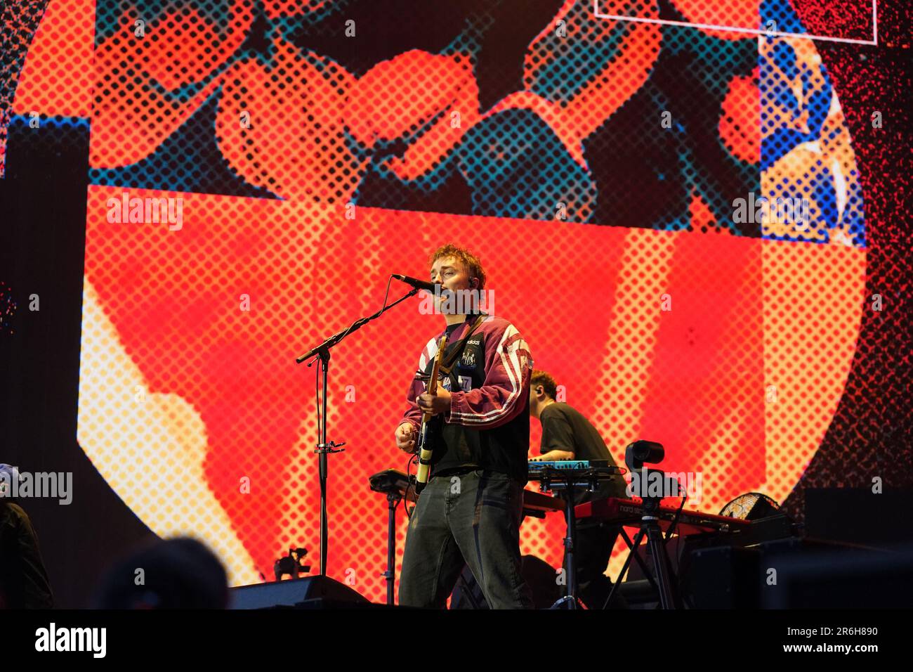 Sam Fender performs on stage at St James' Park in Newcastle Upon Tyne ...