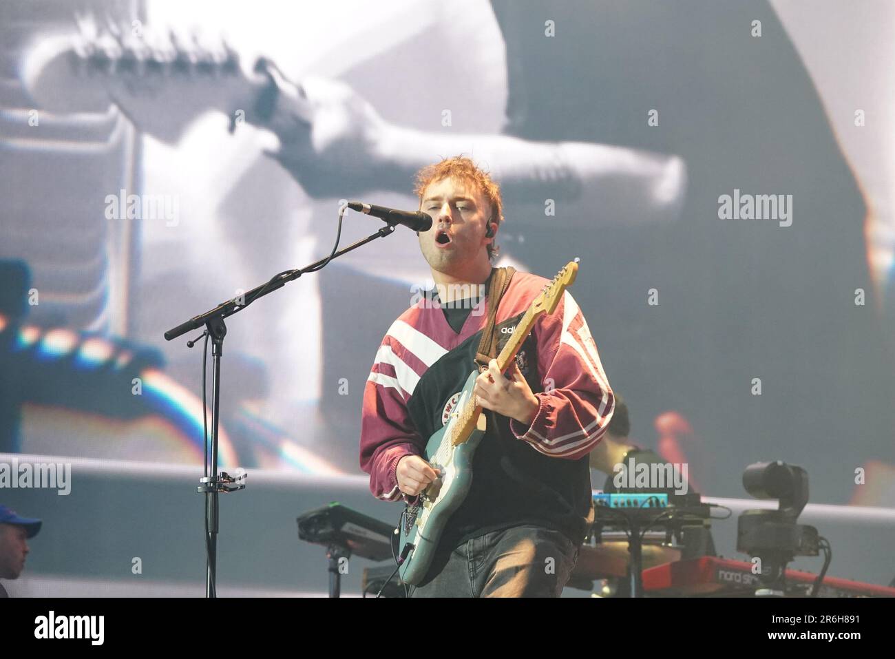 Sam Fender performs on stage at St James' Park in Newcastle Upon Tyne ...