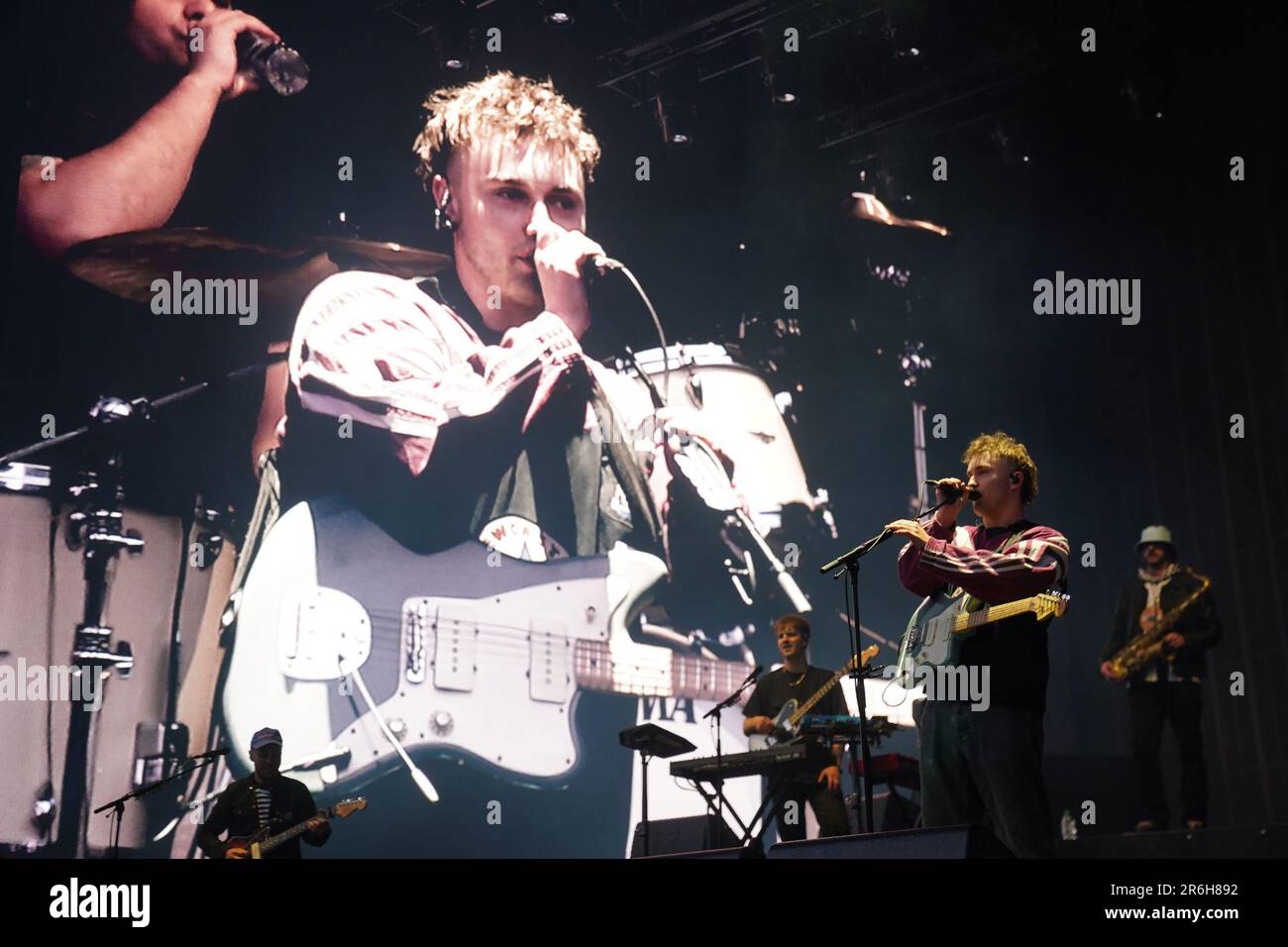 Sam Fender performs on stage at St James' Park in Newcastle Upon Tyne ...