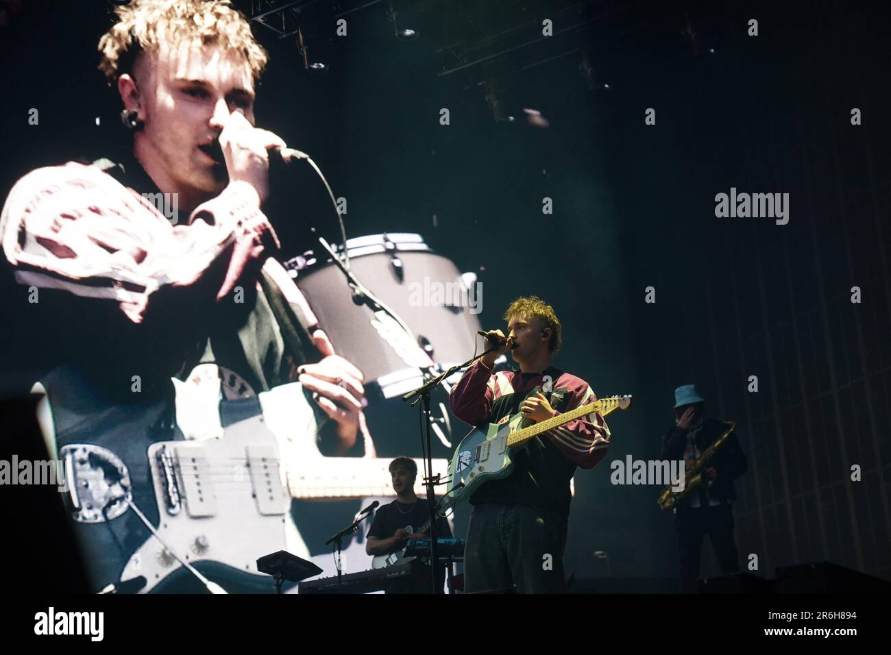 Sam Fender performs on stage at St James' Park in Newcastle Upon Tyne ...