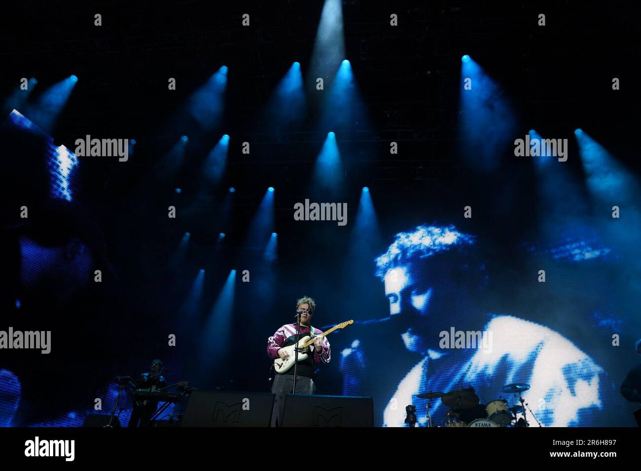 Sam Fender performs on stage at St James' Park in Newcastle Upon Tyne ...