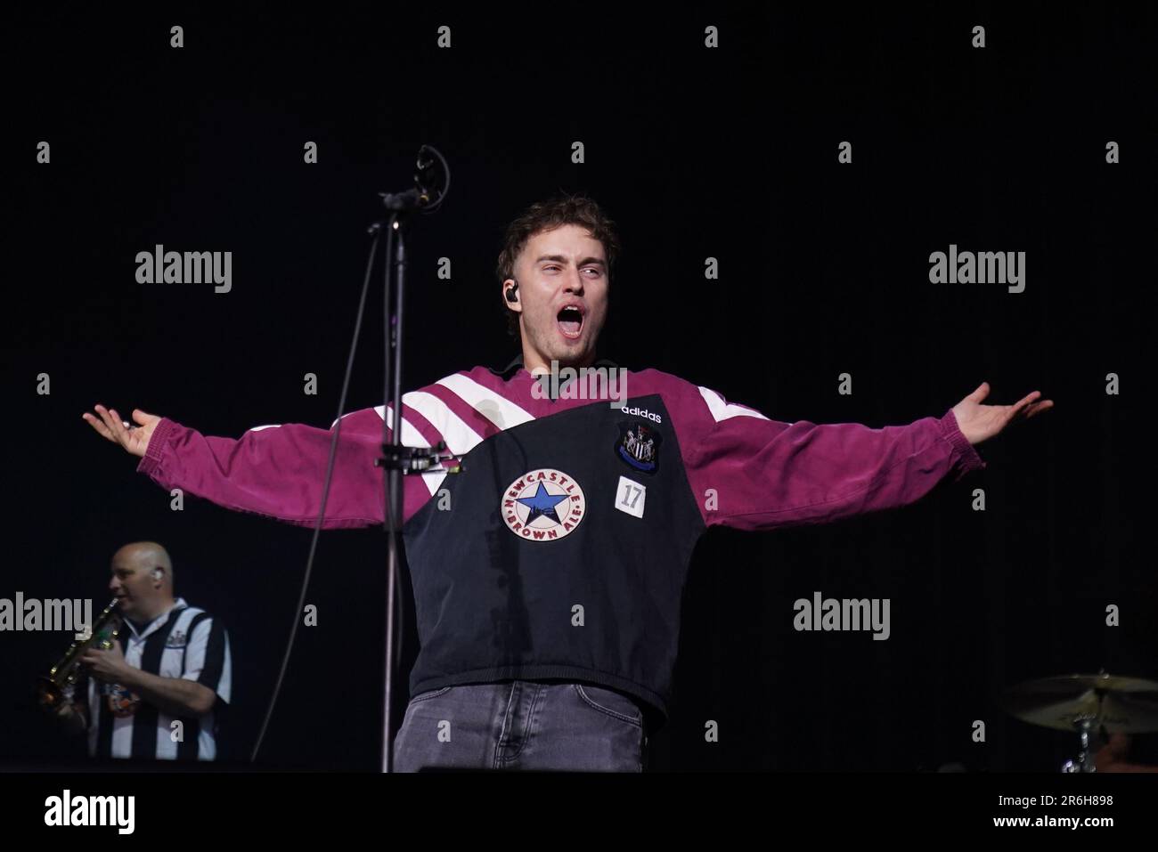 Sam Fender performs on stage at St James' Park in Newcastle Upon Tyne ...