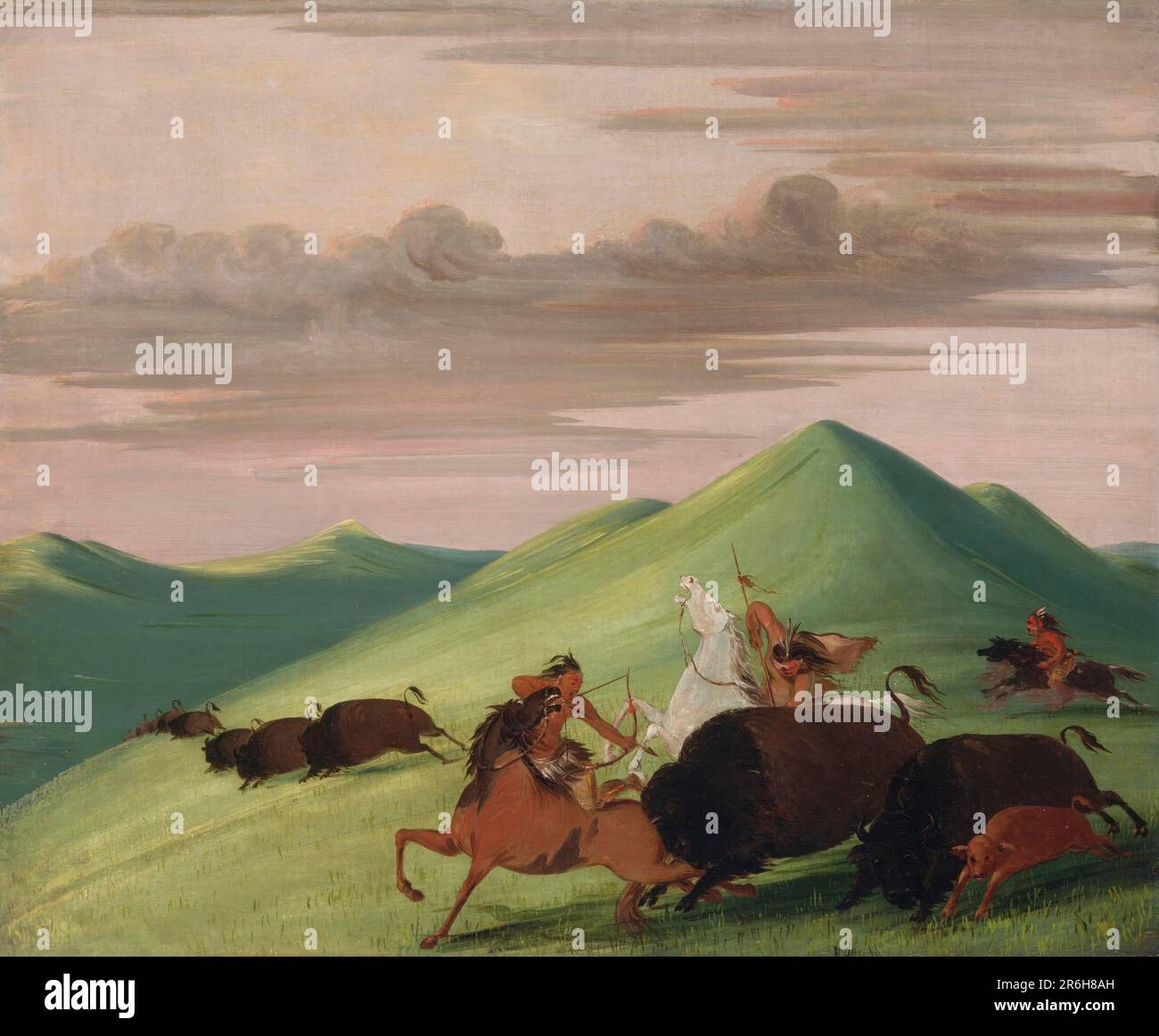 Buffalo Chase, Bull Protecting a Cow and Calf. oil on canvas. Date ...