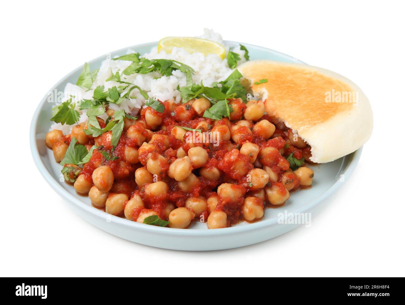 Delicious chickpea curry, rice and flatbread isolated on white Stock ...