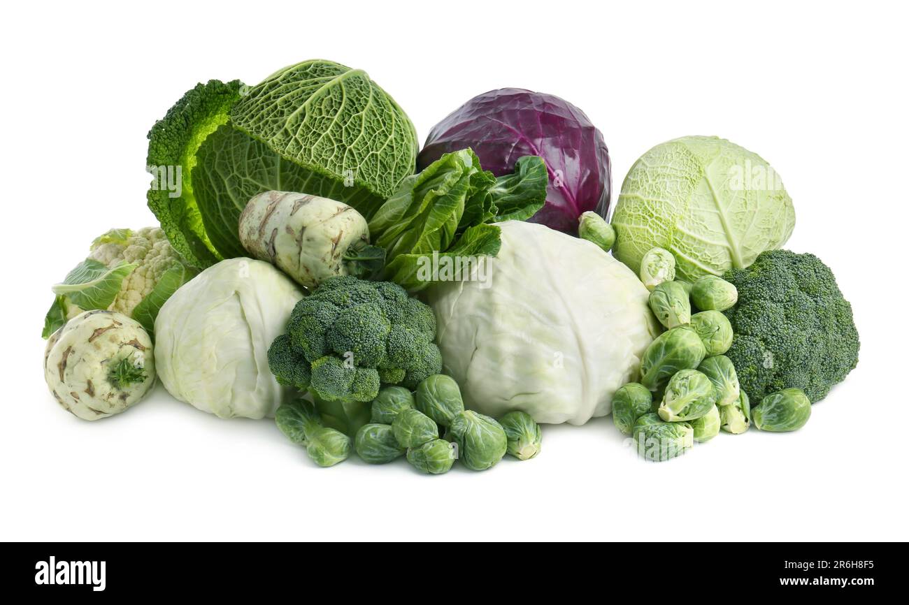 Many different fresh ripe cabbages on white background Stock Photo - Alamy