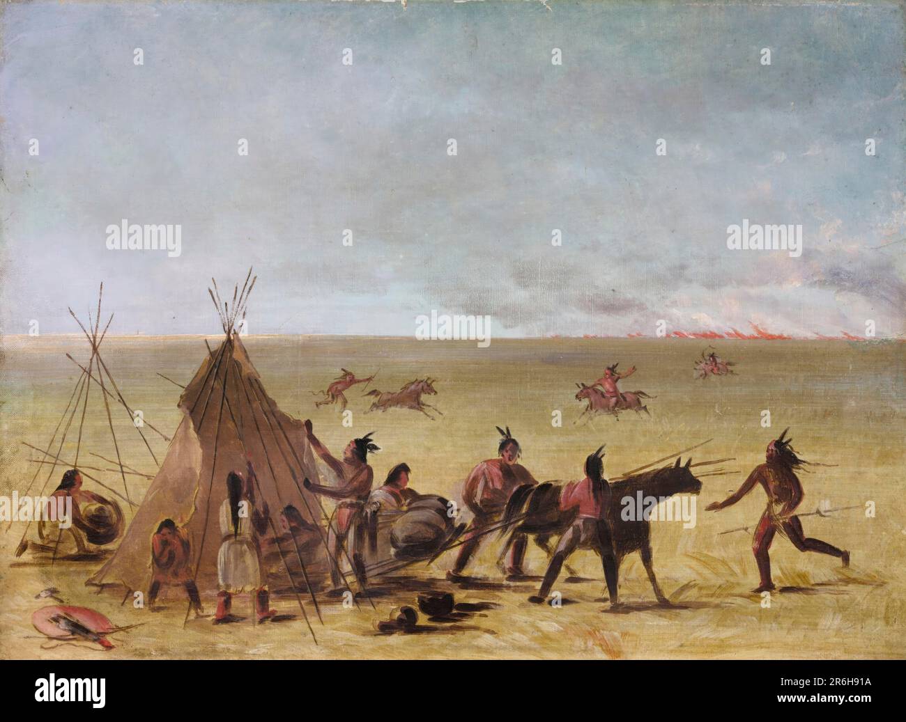 Indian Family Alarmed at the Approach of a Prairie Fire. oil on canvas ...