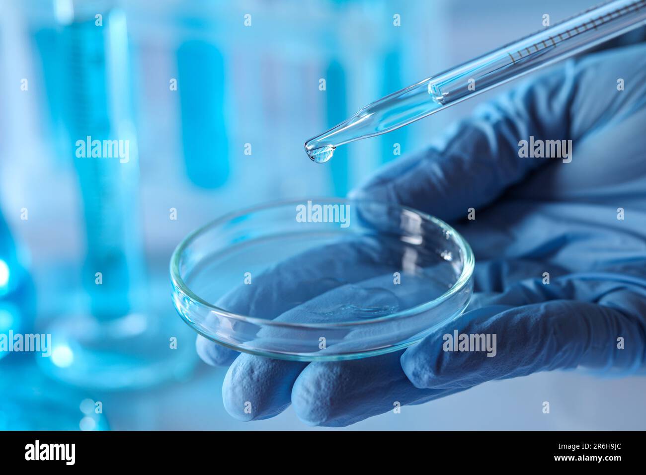 Scientist dripping liquid from pipette into petri dish in laboratory ...