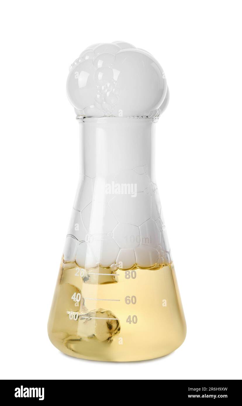 Laboratory flask with colorful liquid isolated on white. Chemical ...