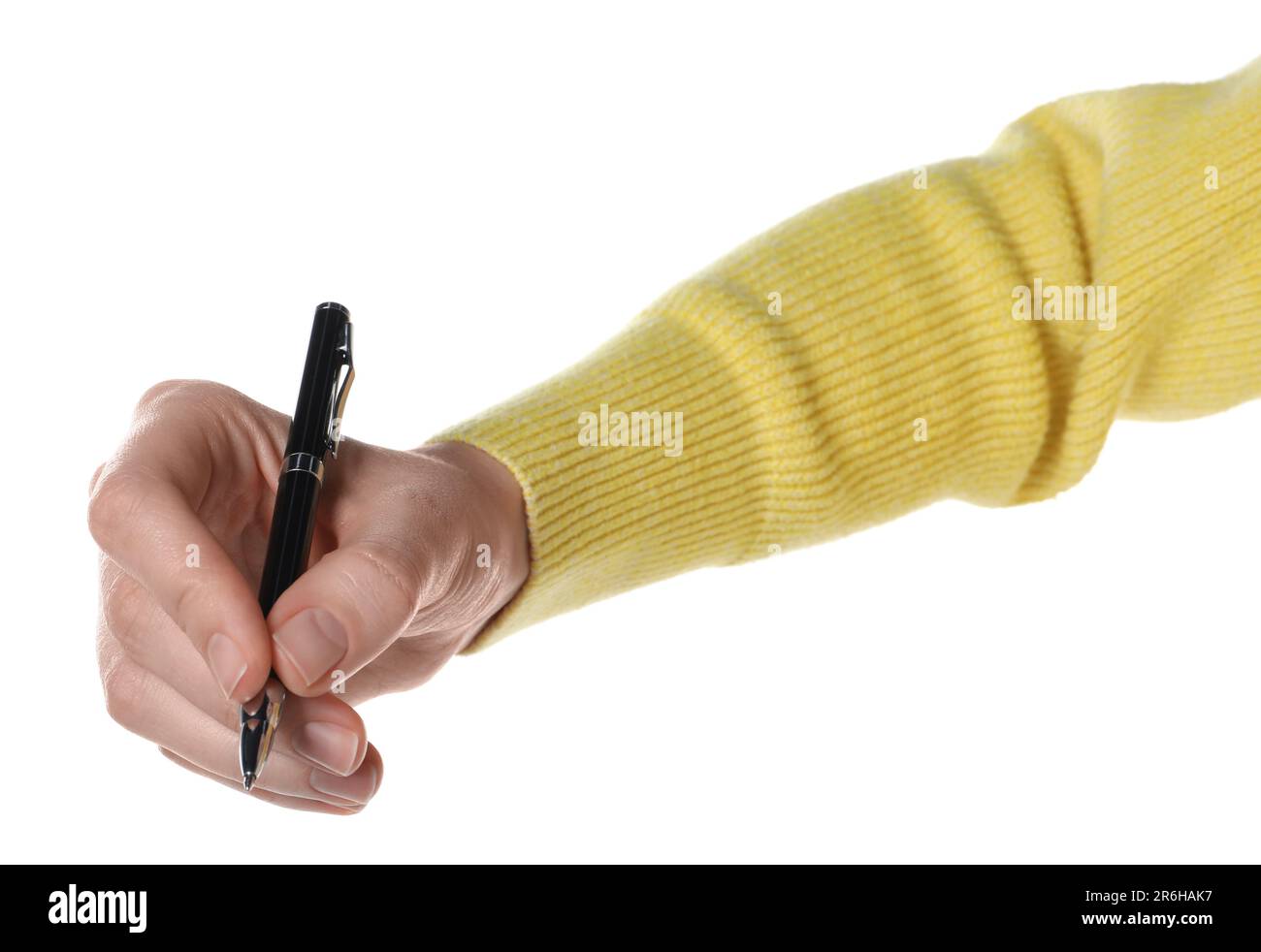 Woman holding pen on white background, closeup of hand Stock Photo - Alamy
