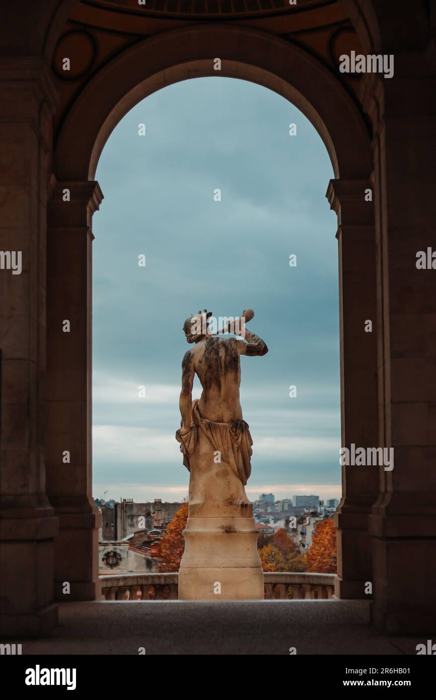 Statue in Palais Longchamp with city view of Marseille, France. Arch ...
