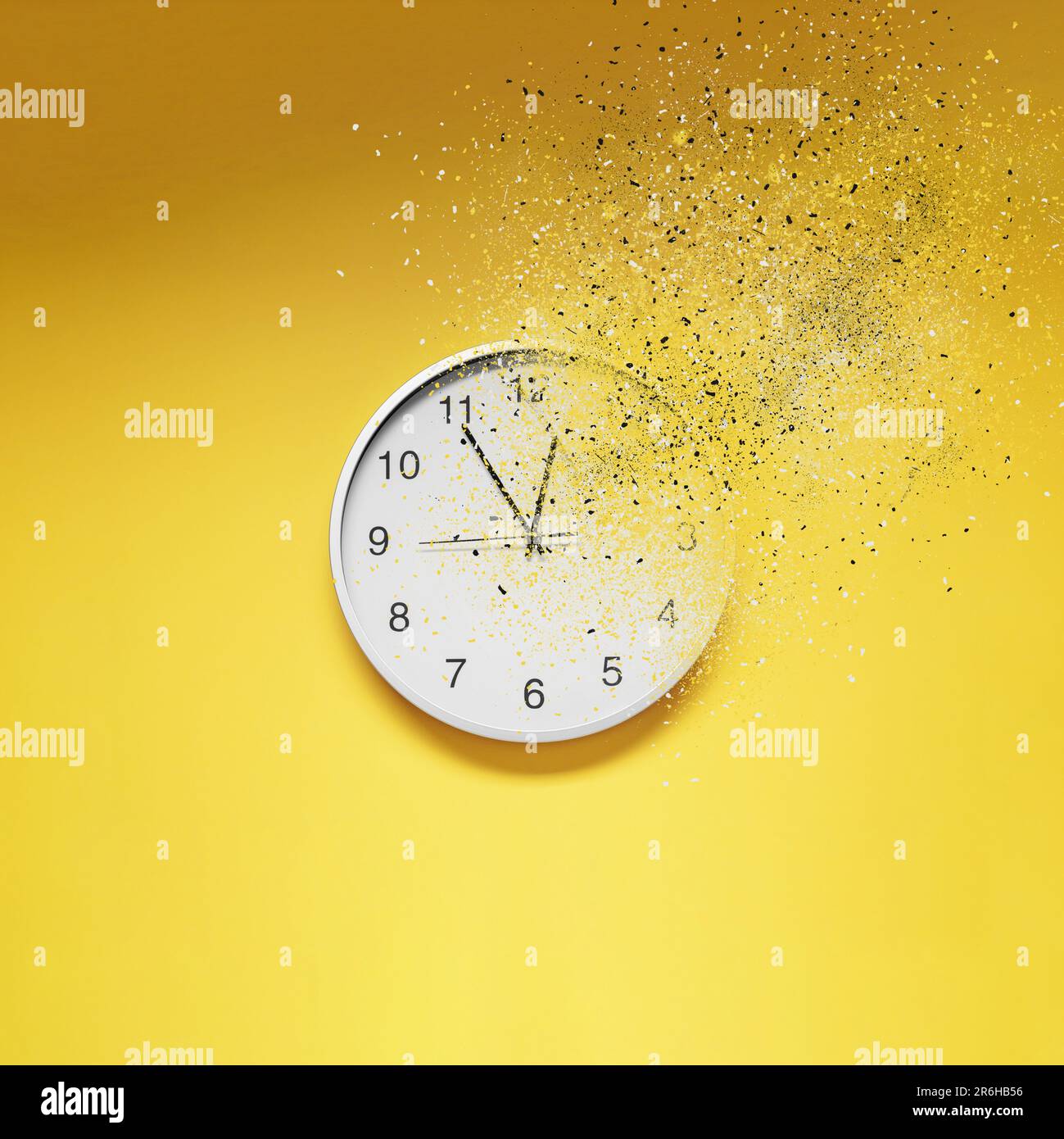 Fleeting time concept. Analog clock dissolving on yellow background ...