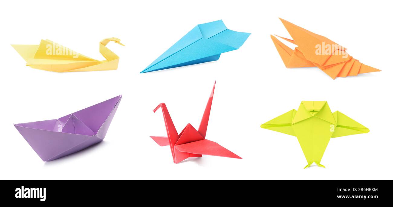 Collage with many different paper figures on white background. Origami ...