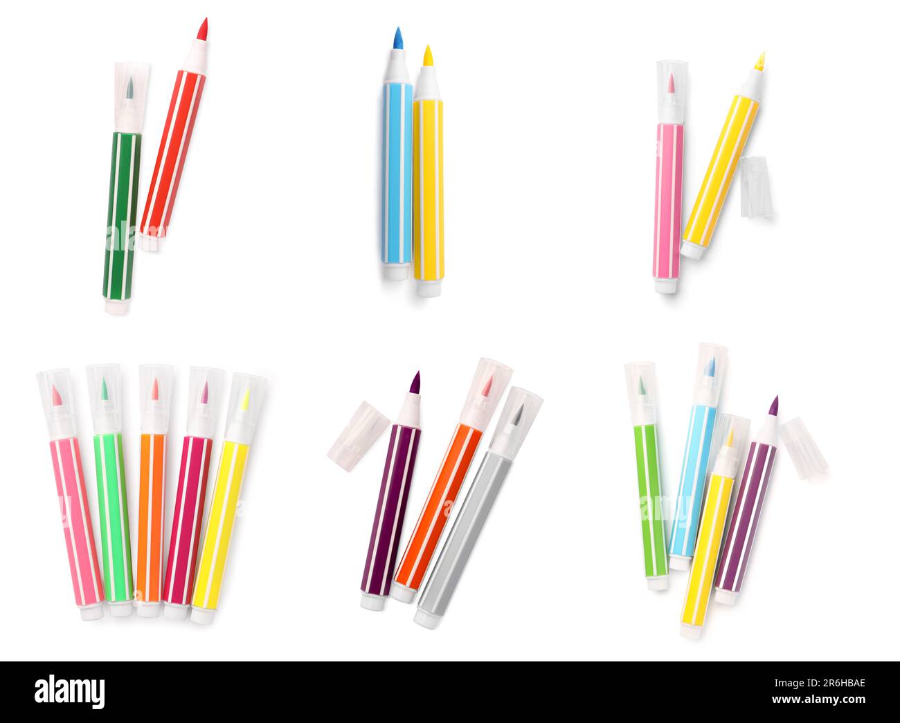 Collage of many colorful felt tip pens on white background, top view ...