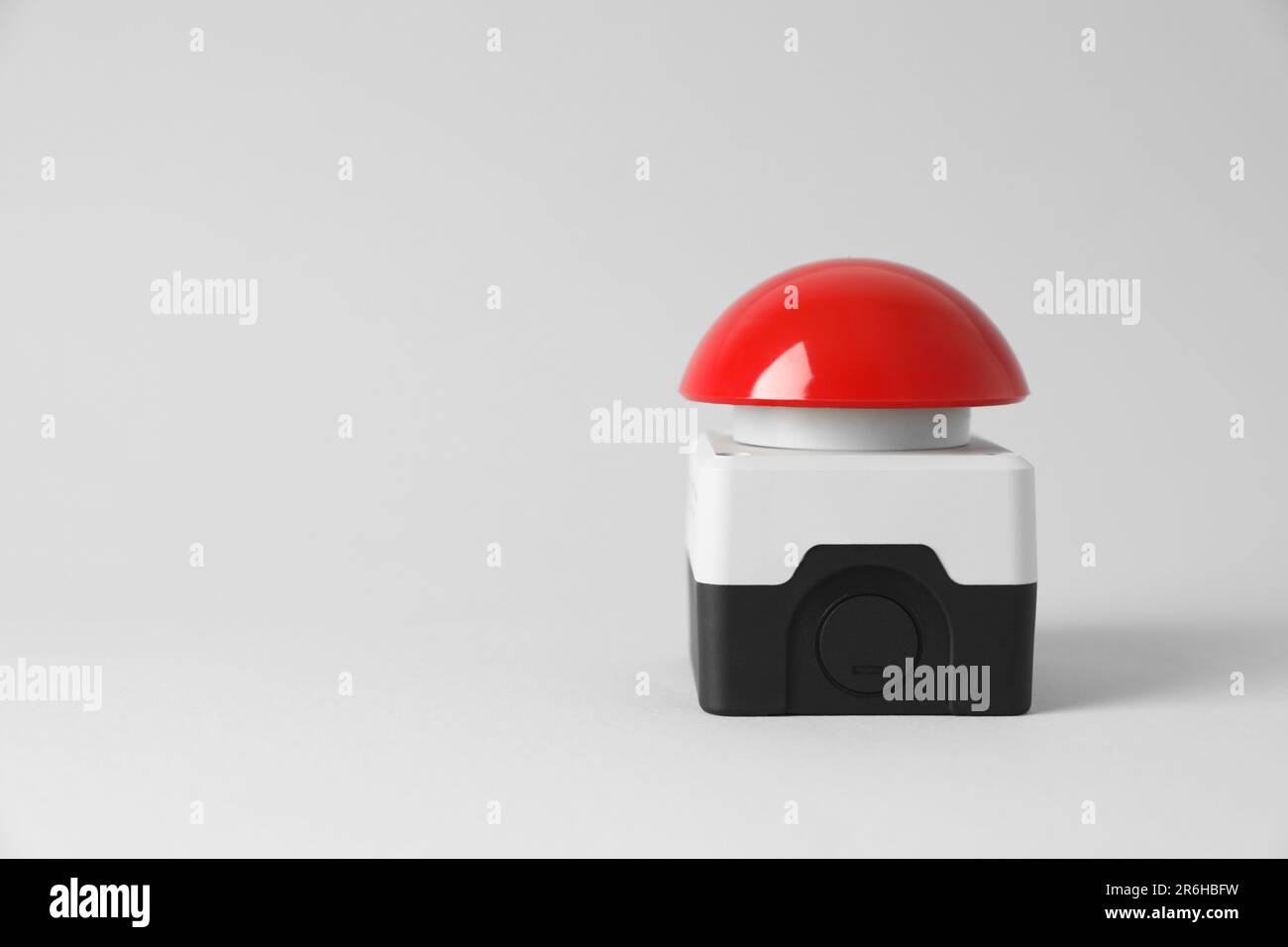 Red button of nuclear weapon on white background, space for text. War ...