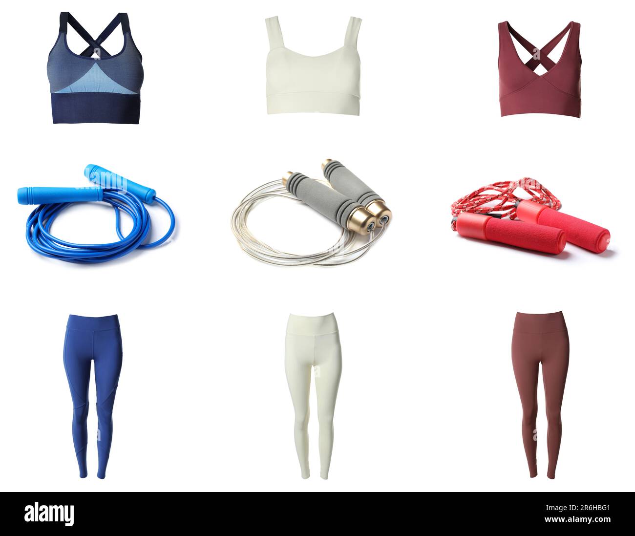 Sporting goods on white background. Apparel and skipping ropes in ...