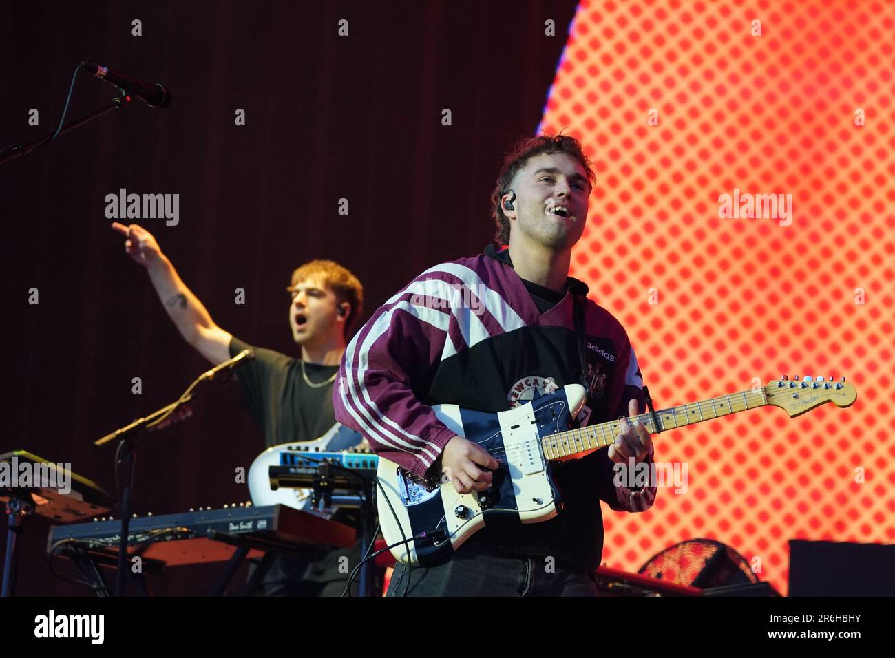 Sam Fender performs on stage at St James' Park in Newcastle Upon Tyne ...