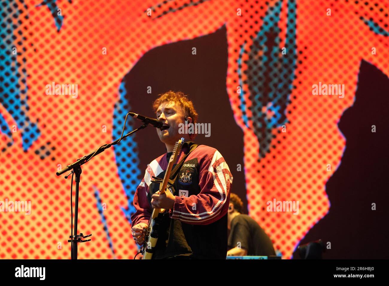 Sam Fender performs on stage at St James' Park in Newcastle Upon Tyne ...