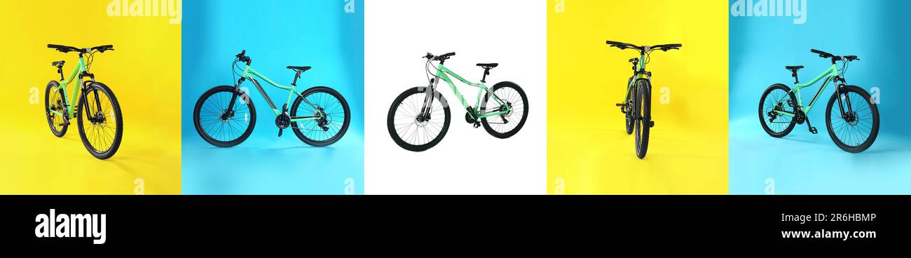 Collage with photos of bicycle on different color backgrounds, banner ...