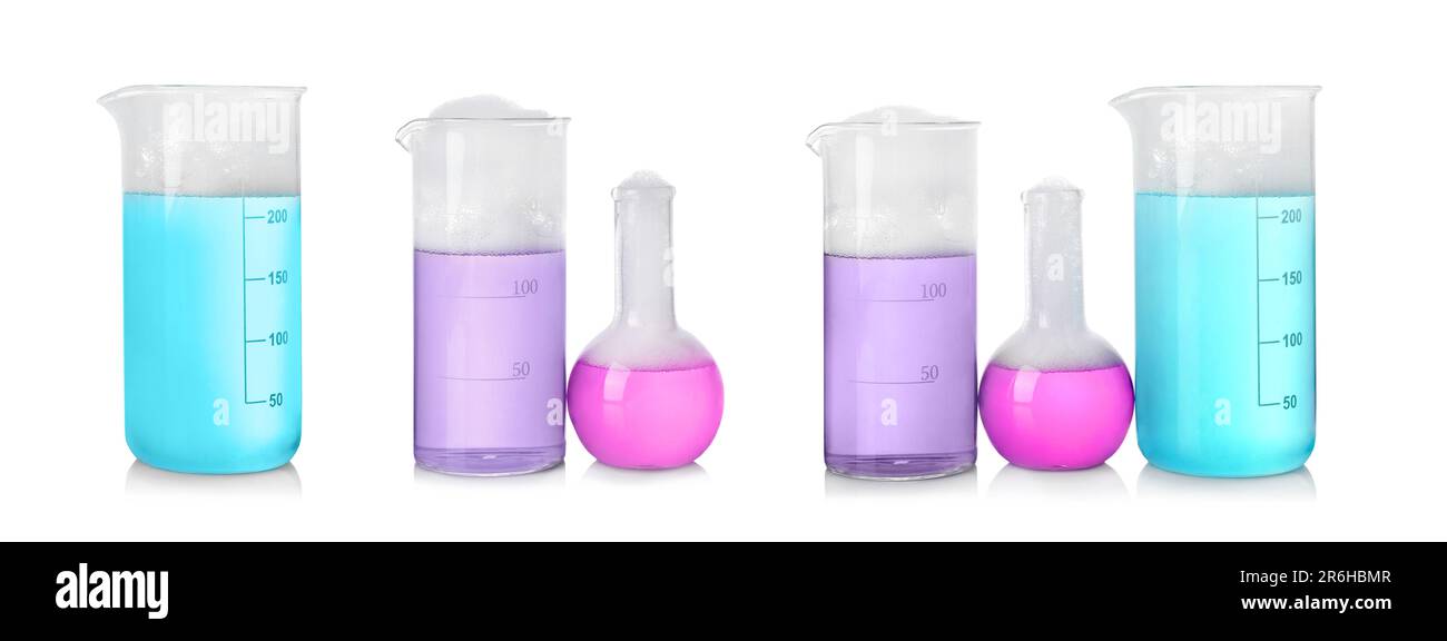 Set of laboratory flasks and beakers with colorful liquids on white ...
