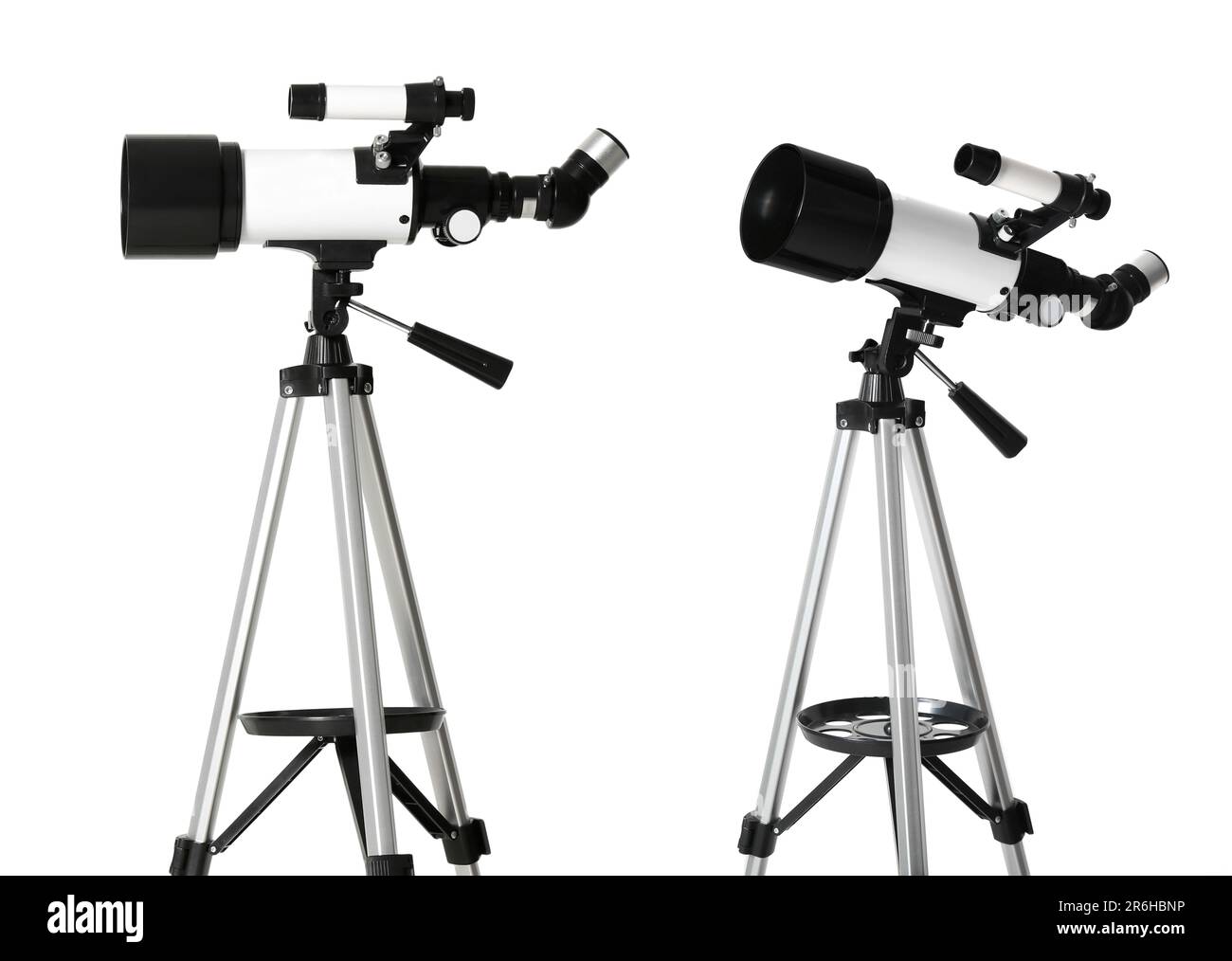 Tripod with modern telescope on white background, views from different ...