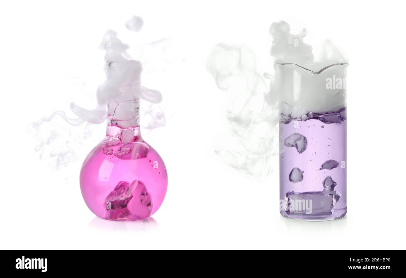 Laboratory flask and beaker with colorful liquids on white background ...