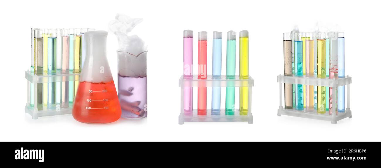 Set of laboratory glassware with colorful liquids and steam on white ...