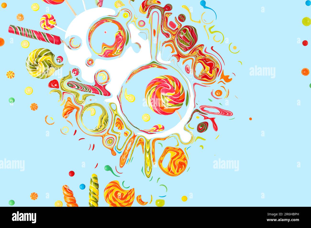 Bright design with many different candies on pale light blue background ...