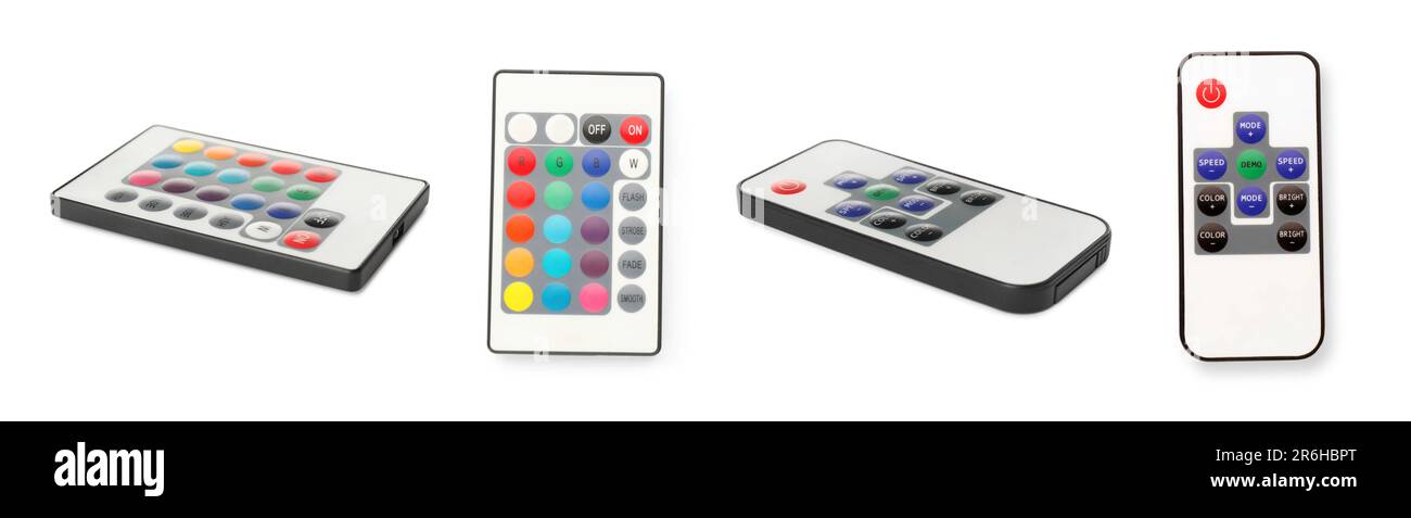 Collage of different remote controllers on white background, top and ...