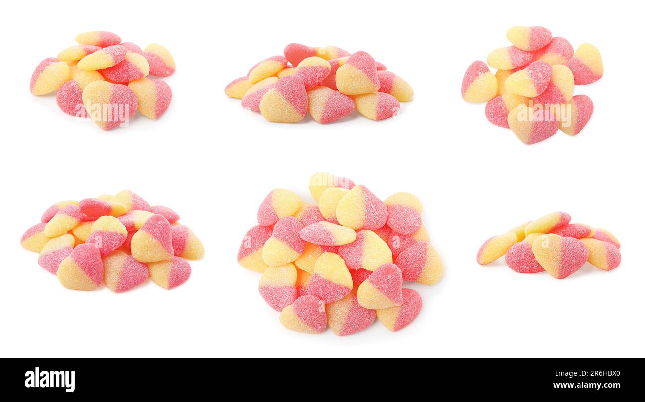 Collage with heart shaped gummy candies on white background. Jelly ...