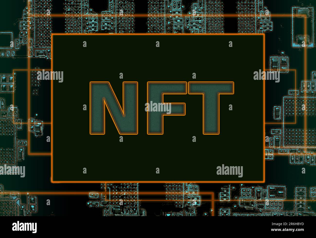 Abbreviation NFT (non-fungible token) on chip and circuit board pattern ...
