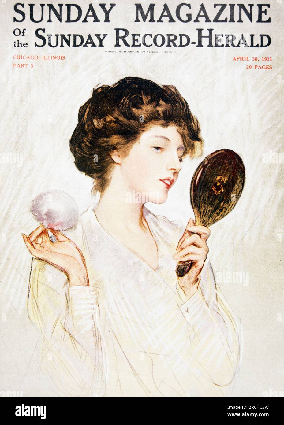 1910s RED HAIRED WOMAN LOOKING INTO HAND HELD MIRROR HOLDING A COTTON ...