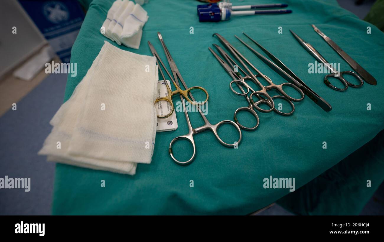 surgical equipment. Laparoscopic surgical supplies on the operating ...