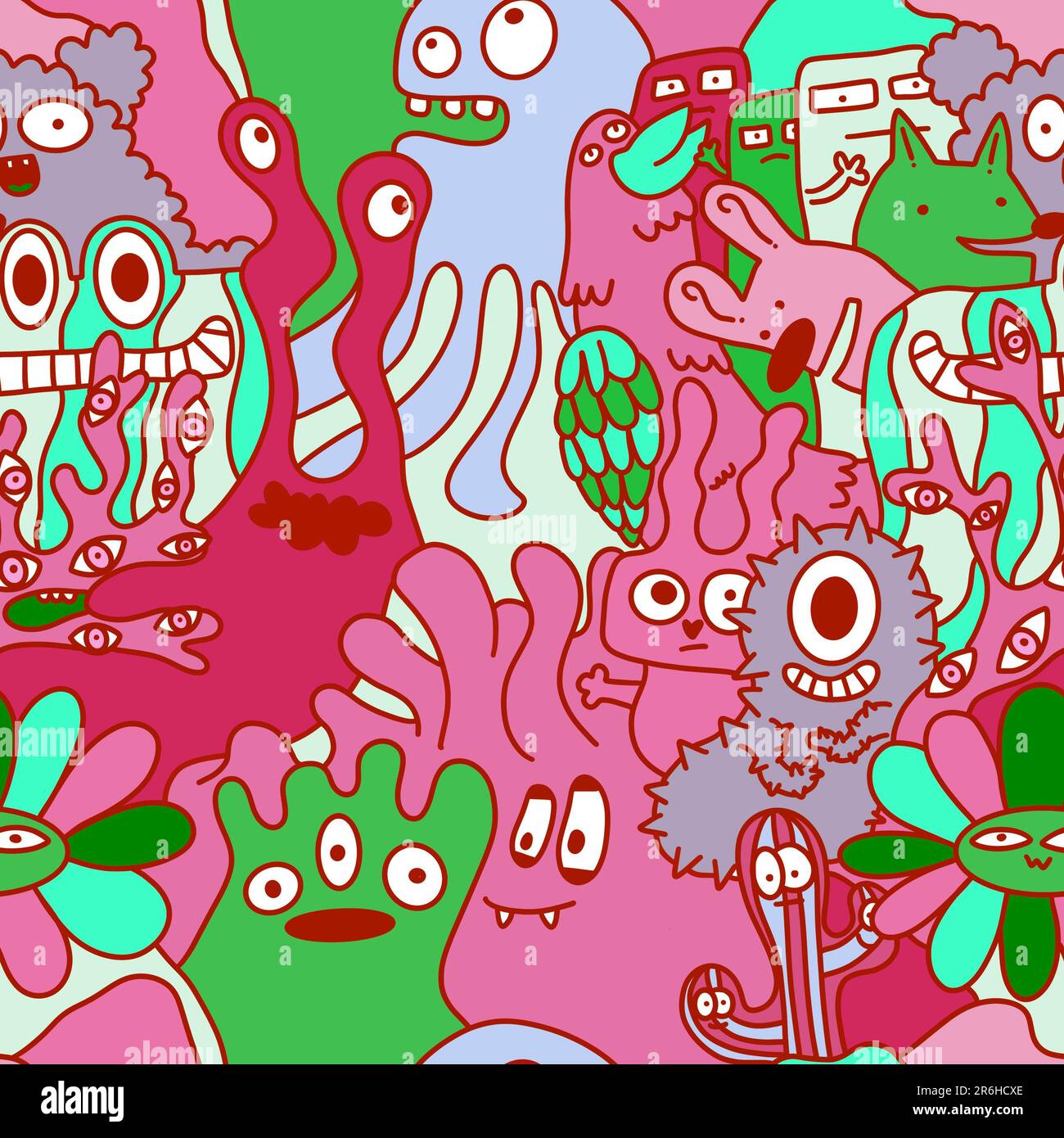Cartoon monsters seamless funny aliens and rabbit and cactus and flower ...
