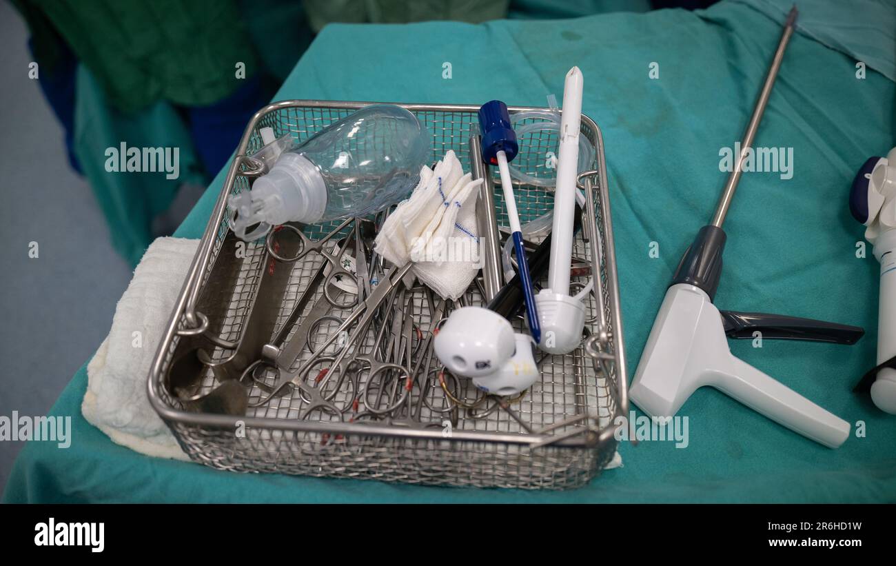 surgical equipment. Laparoscopic surgical supplies on the operating ...