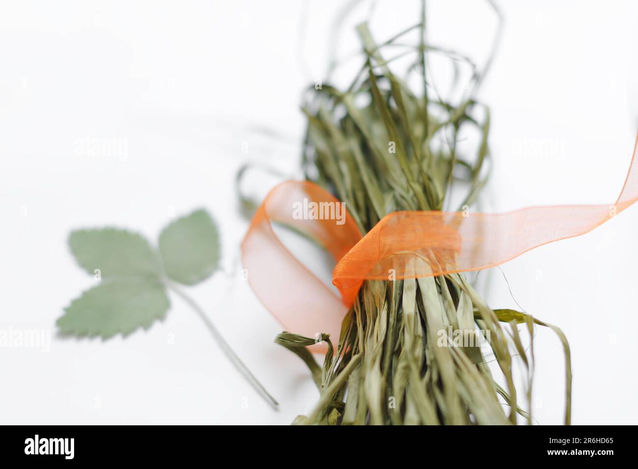 Craft. A skein of natural green rope with an orange ribbon on a white ...