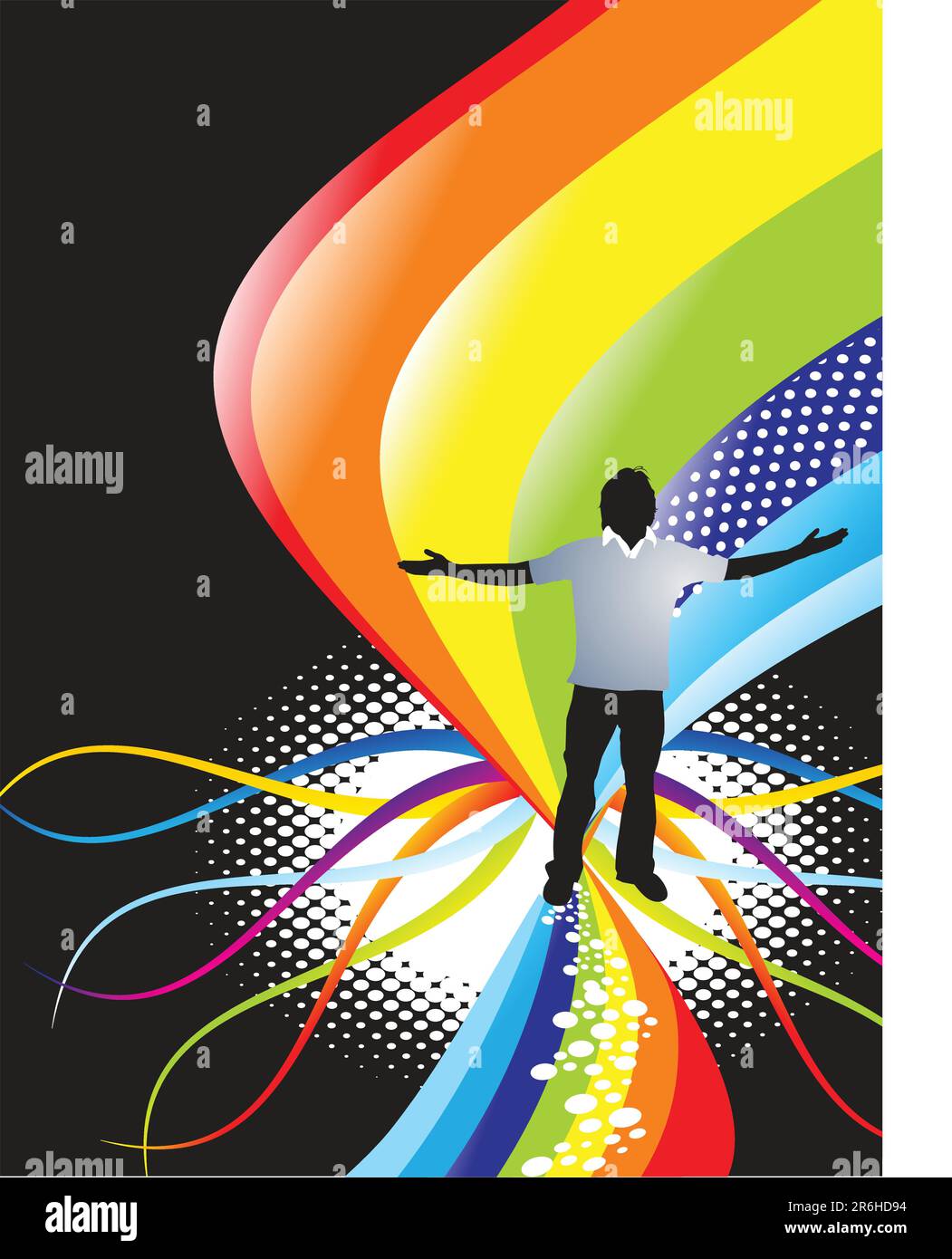 abstract rainbow wave background with standing pose of young boy vector ...