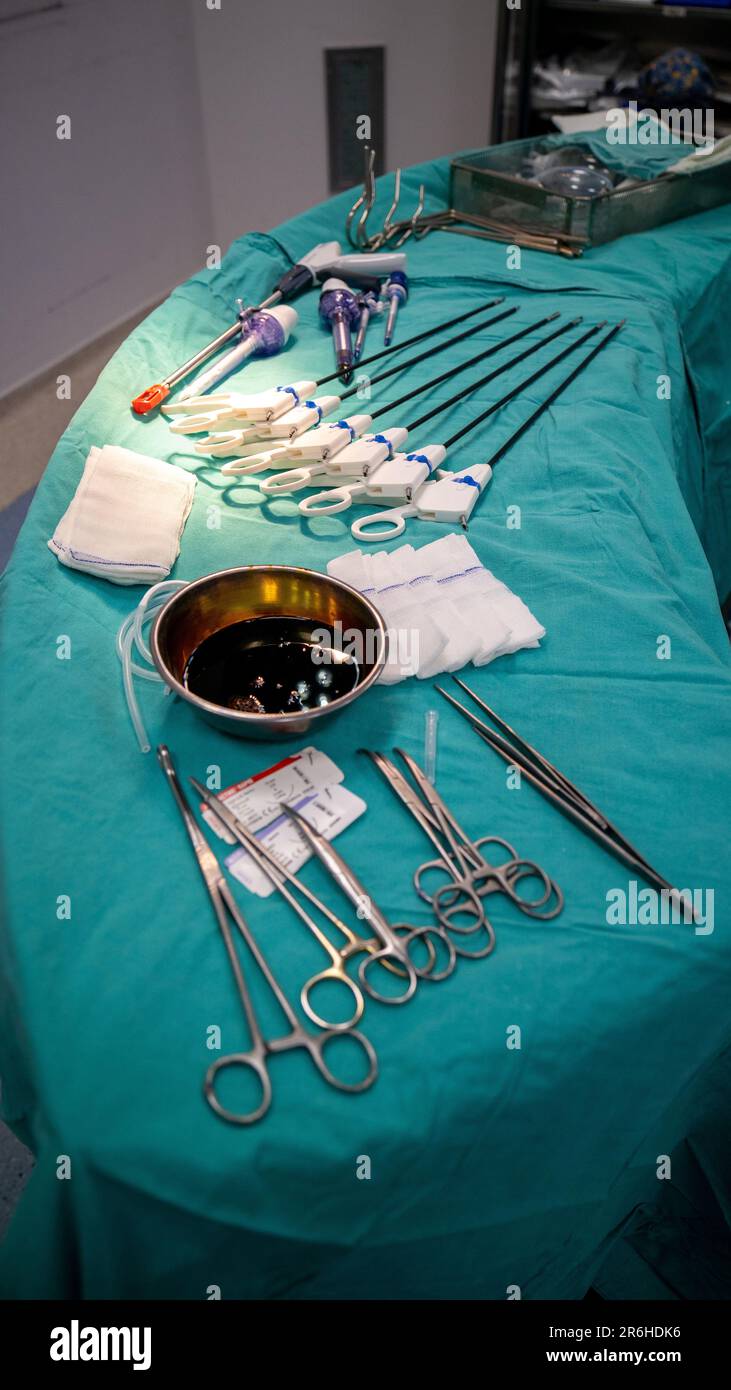 surgical equipment. Laparoscopic surgical supplies on the operating ...