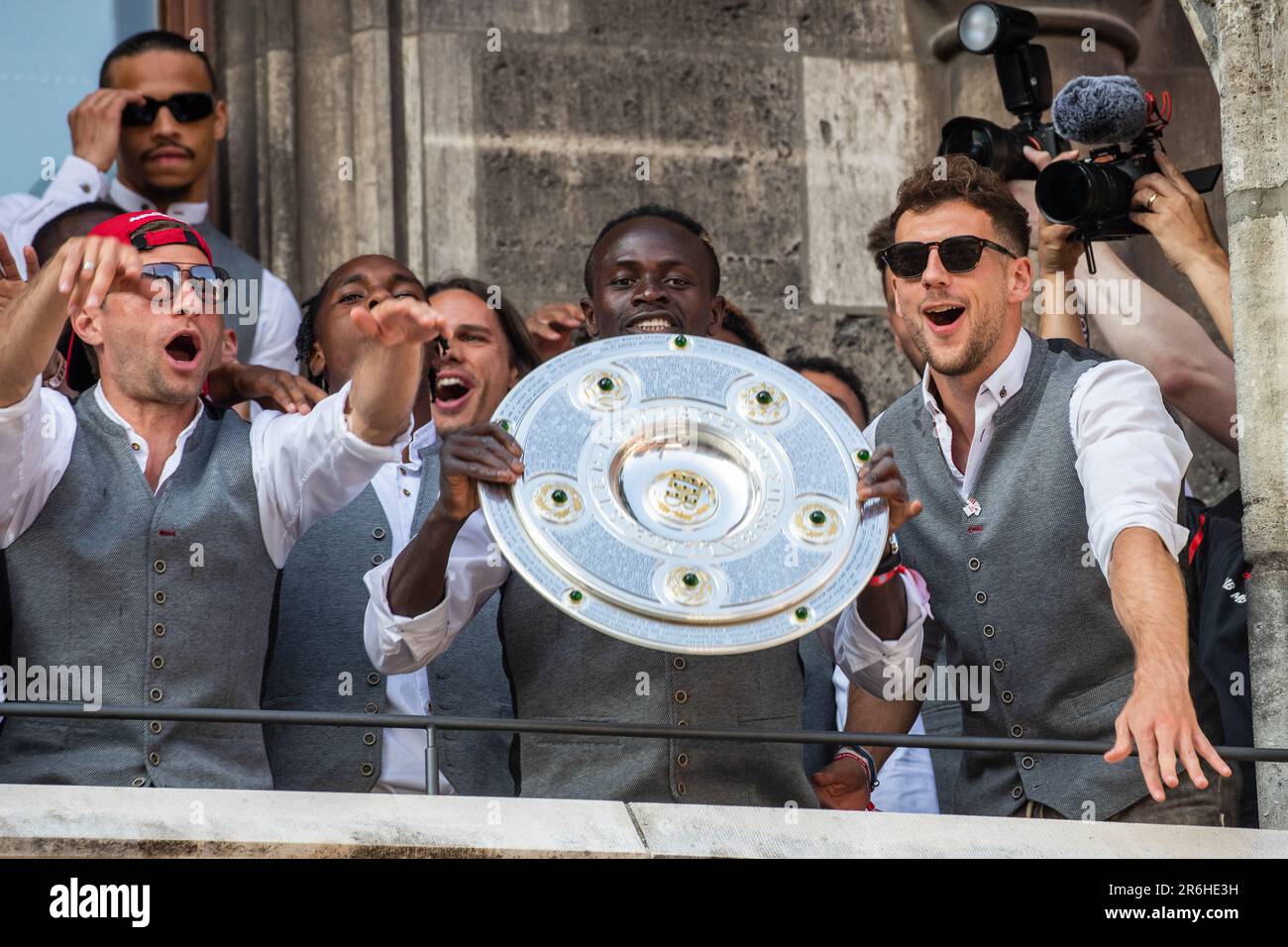 Munich, Germany. 28th May, 2023. Thomas Müller, Leroy Sane, Mathys Tel ...