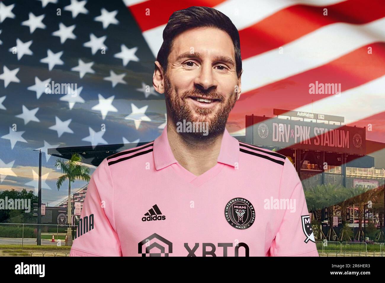 Lionel Messi with the Inter Miami shirt, the stadium and the USA flag ...