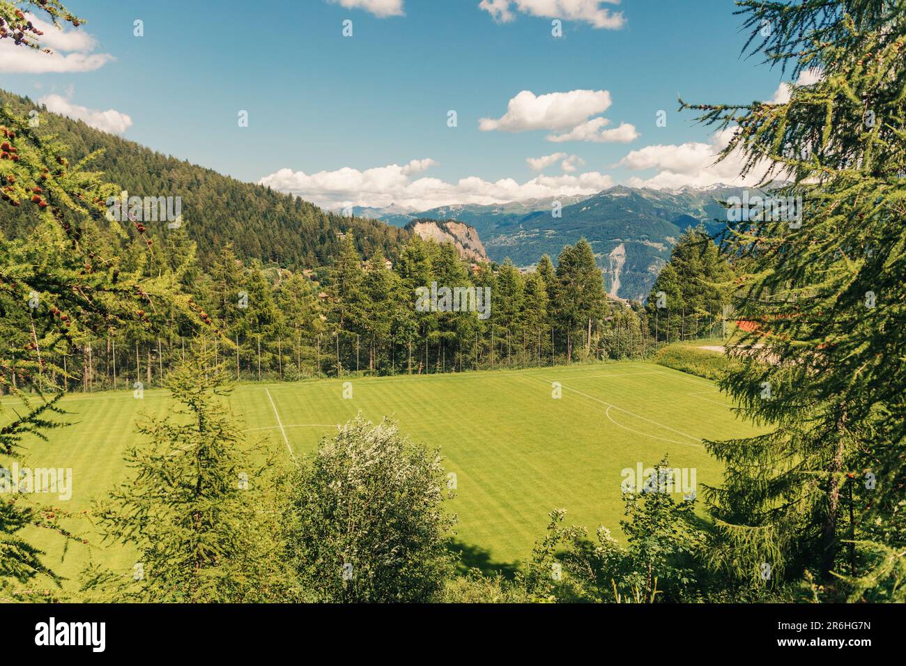 Football field in mountains, alpine resort, active lifestyle Stock ...